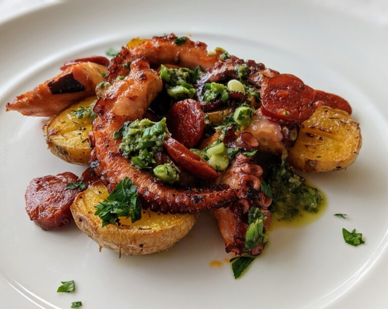 Pan-grilled Octopus with Chorizo and Mojo Verde – Flexitarian Kitchen